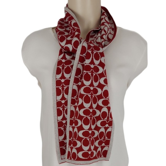 Coach | Accessories | Coach Signature C Logo Scarf Red Silver Metallic ...